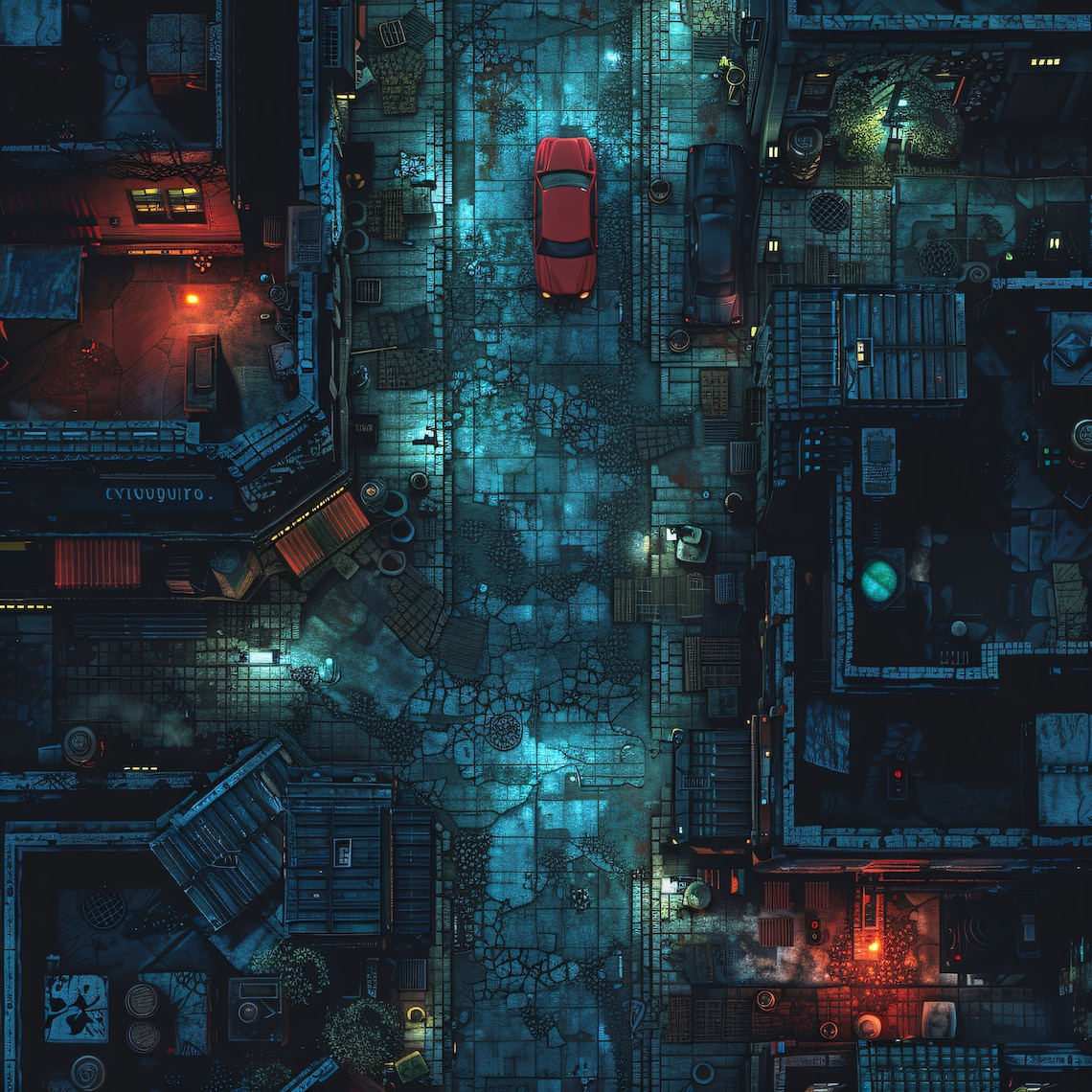 10 Cyberpunk City Streets Battlemaps, Sci Fi, Cyberpunk, D&D, Shadowrun ...