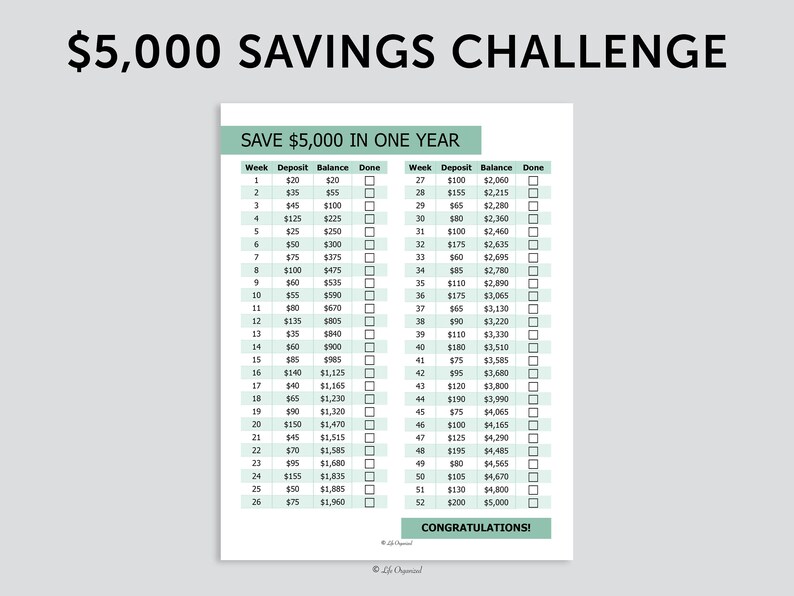 One Year | Five Thousand Dollars Savings Challenge - Etsy