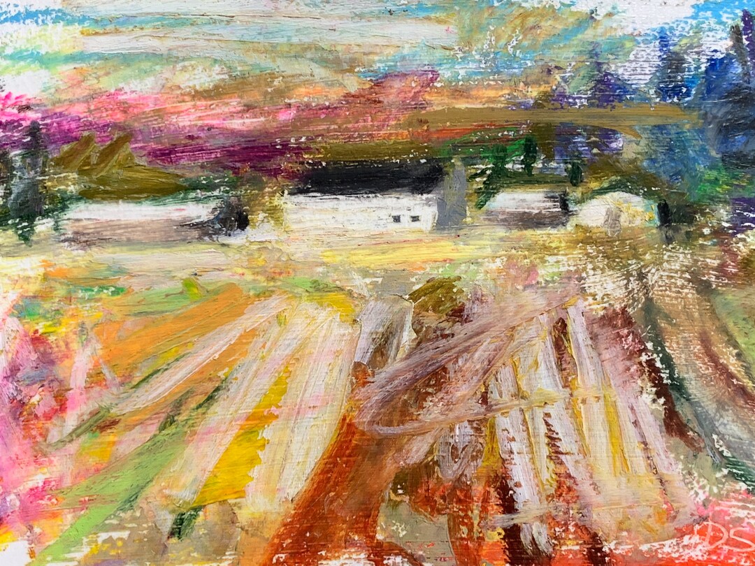 Original Landscape With Barn, Oil Pastel on Gessoed Paper, 5 X 7 Inches ...