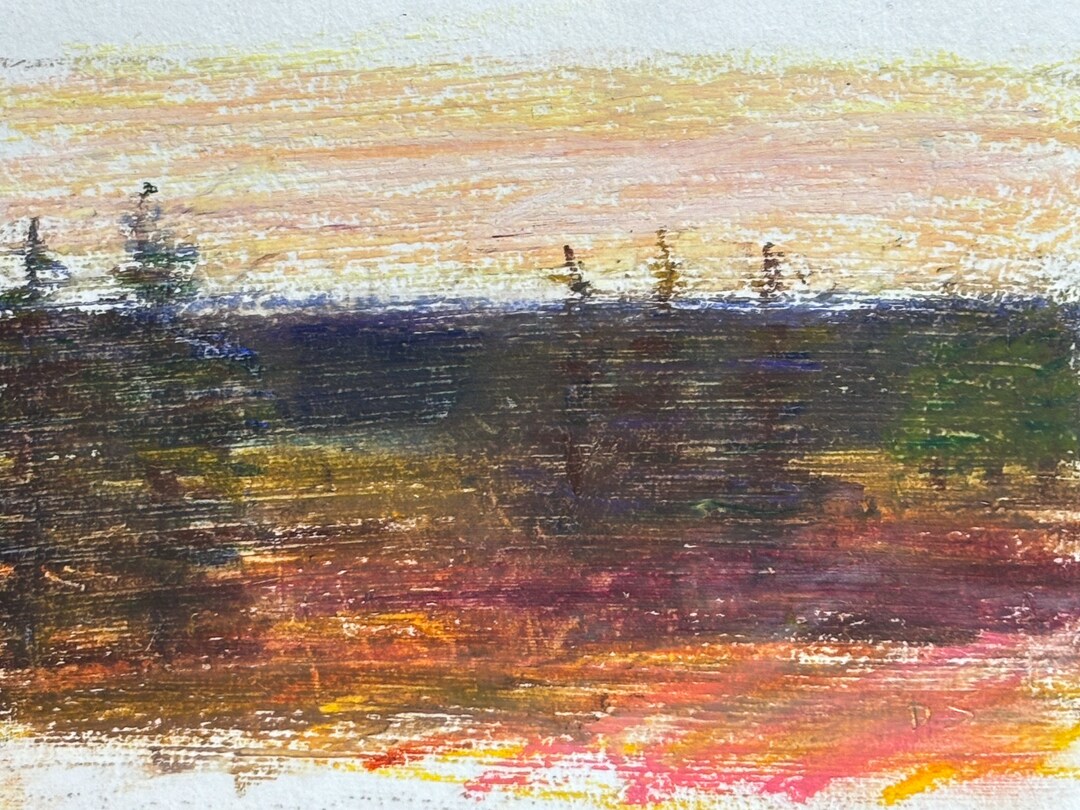 Original Landscape With Evergreen Trees, Oil Pastel on Gessoed Paper, 5 ...