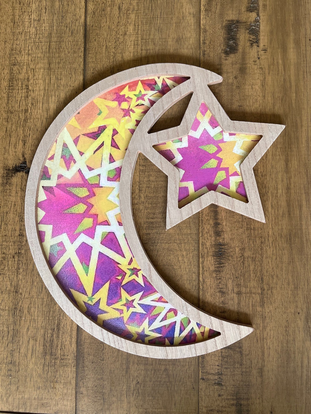Wooden Crescent Moon & Star Tray With Pattern Design Ramadan Tray Eid ...