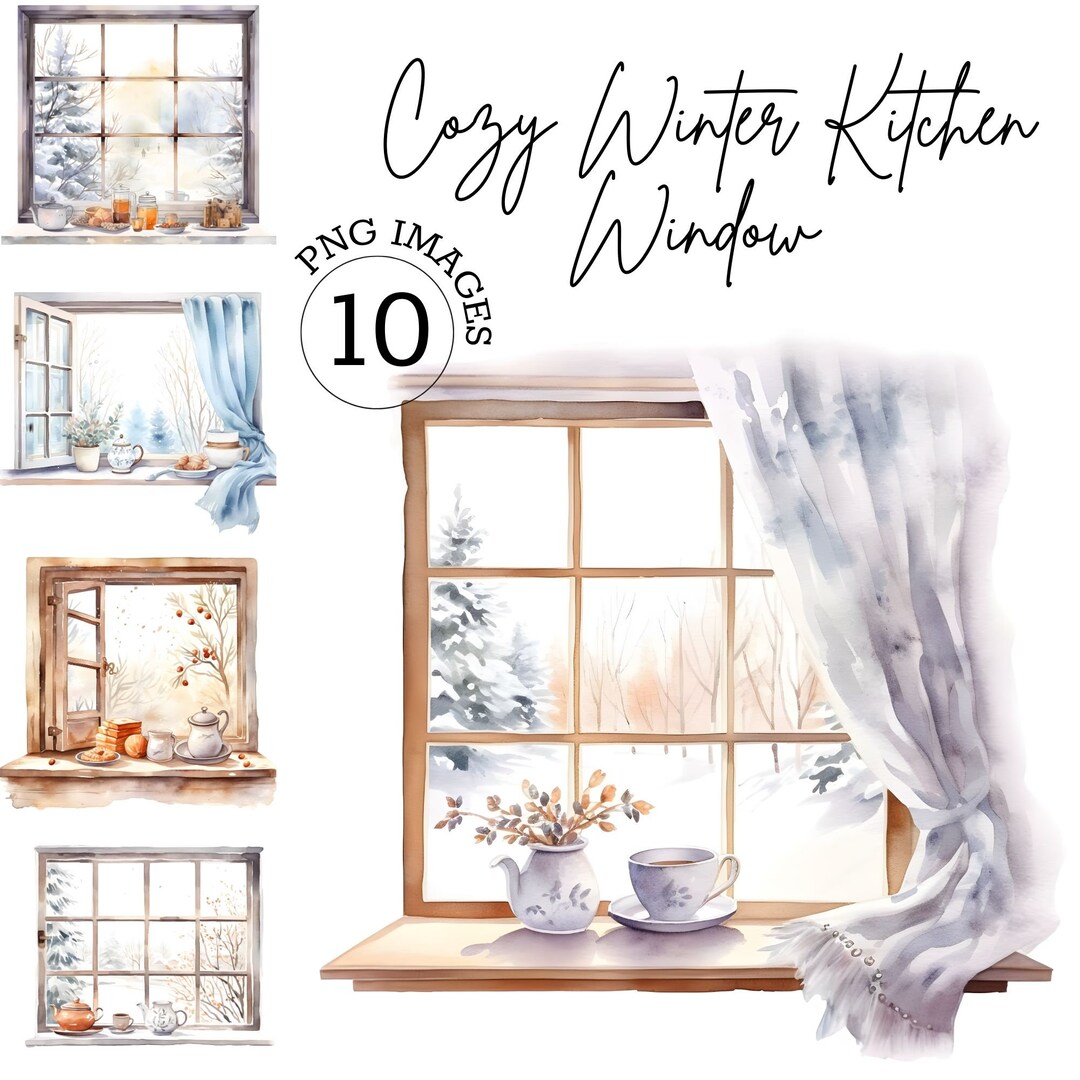 Watercolor Cozy Winter Kitchen Window Clipart Bundle, 10 High Quality ...