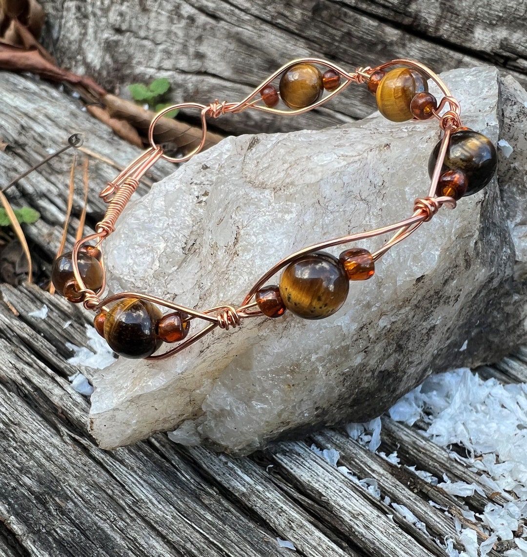 Tarnish-resistant Copper Tiger's Eye Fidget Wire-wrapped Bracelet, 7.5 ...