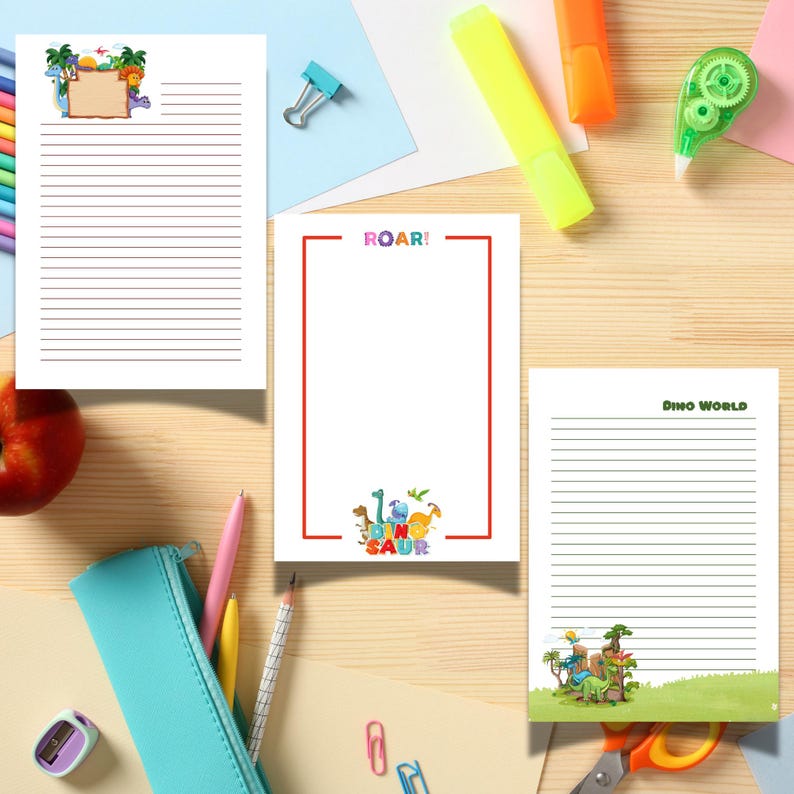 Printable Letter Writing Paper Set, Dinosaur Theme Stationery Set ...