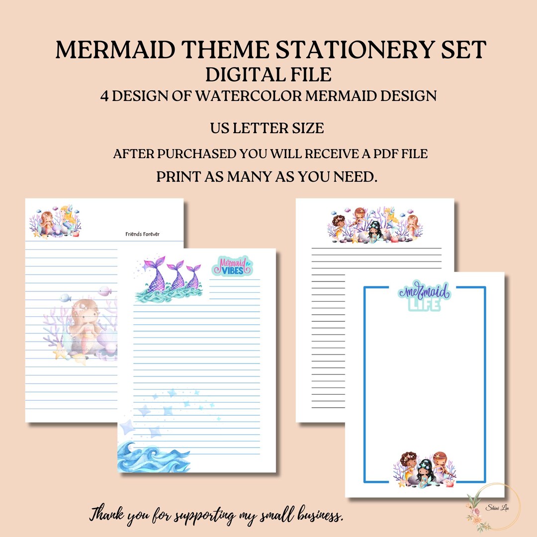 Printable Mermaid Letter Writing Paper Set, Mermaid Theme Stationery ...