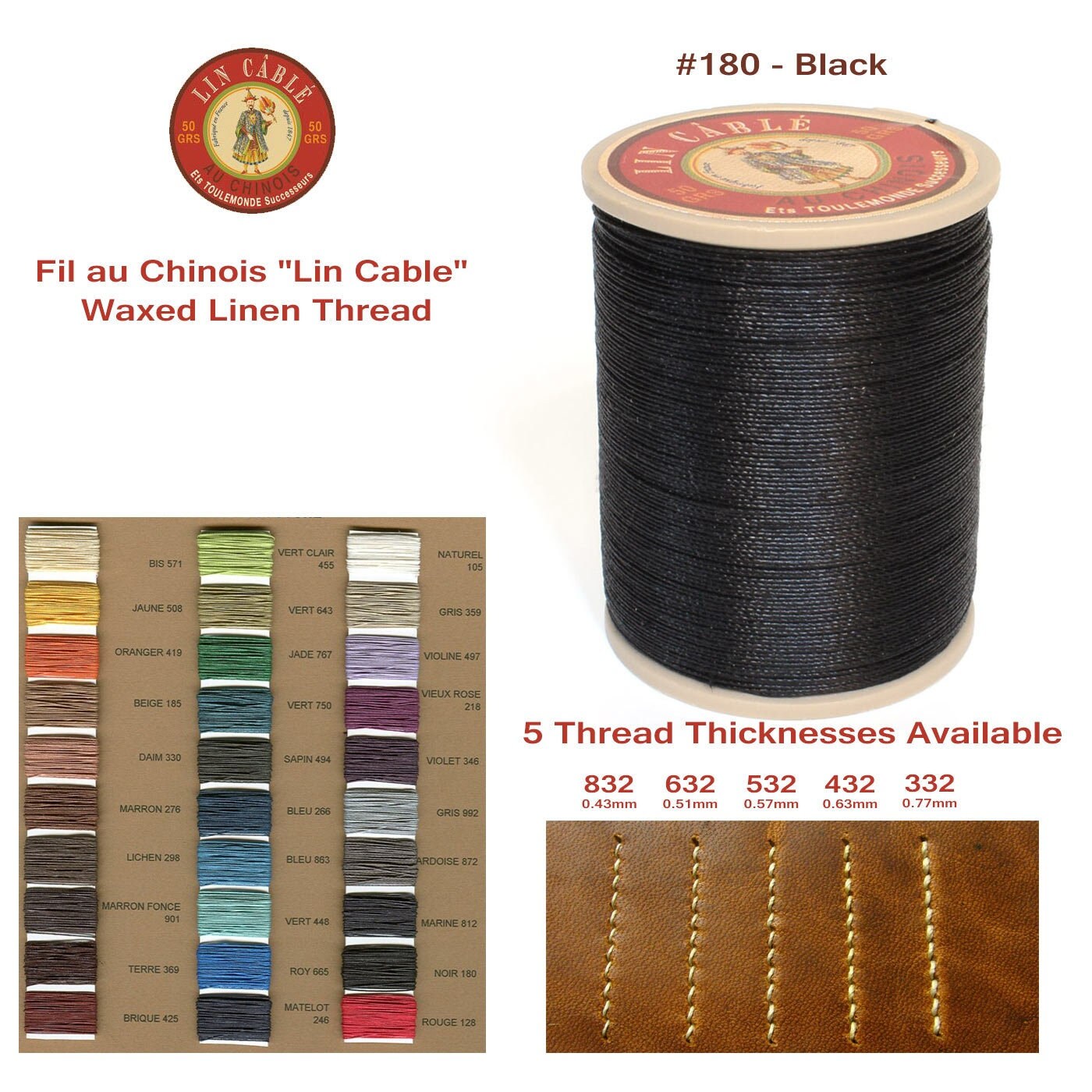 Fil Au Chinois 50g lin Cable WAXED LINEN 180 BLACK for Solid Stitching ...