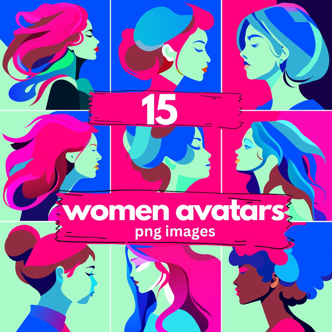 15 Women Avatar Images Png Pink and Blue Vivid Colors - Etsy