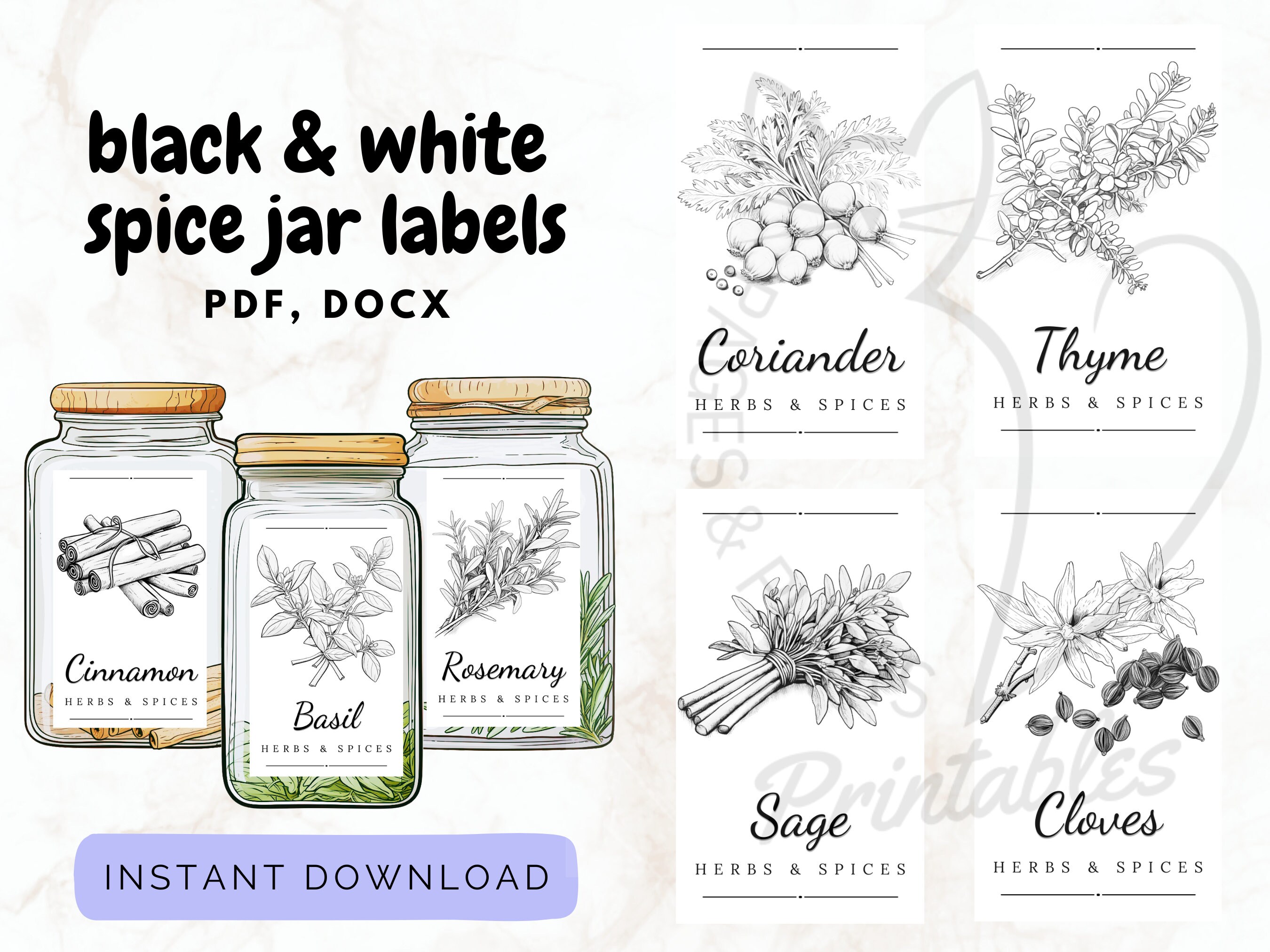 Printable and Customizable Kitchen Spice Labels Black and White PDF ...
