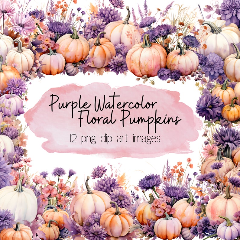 12 Purple Floral Watercolor Pumpkins Png High Quality Clip Art Images ...