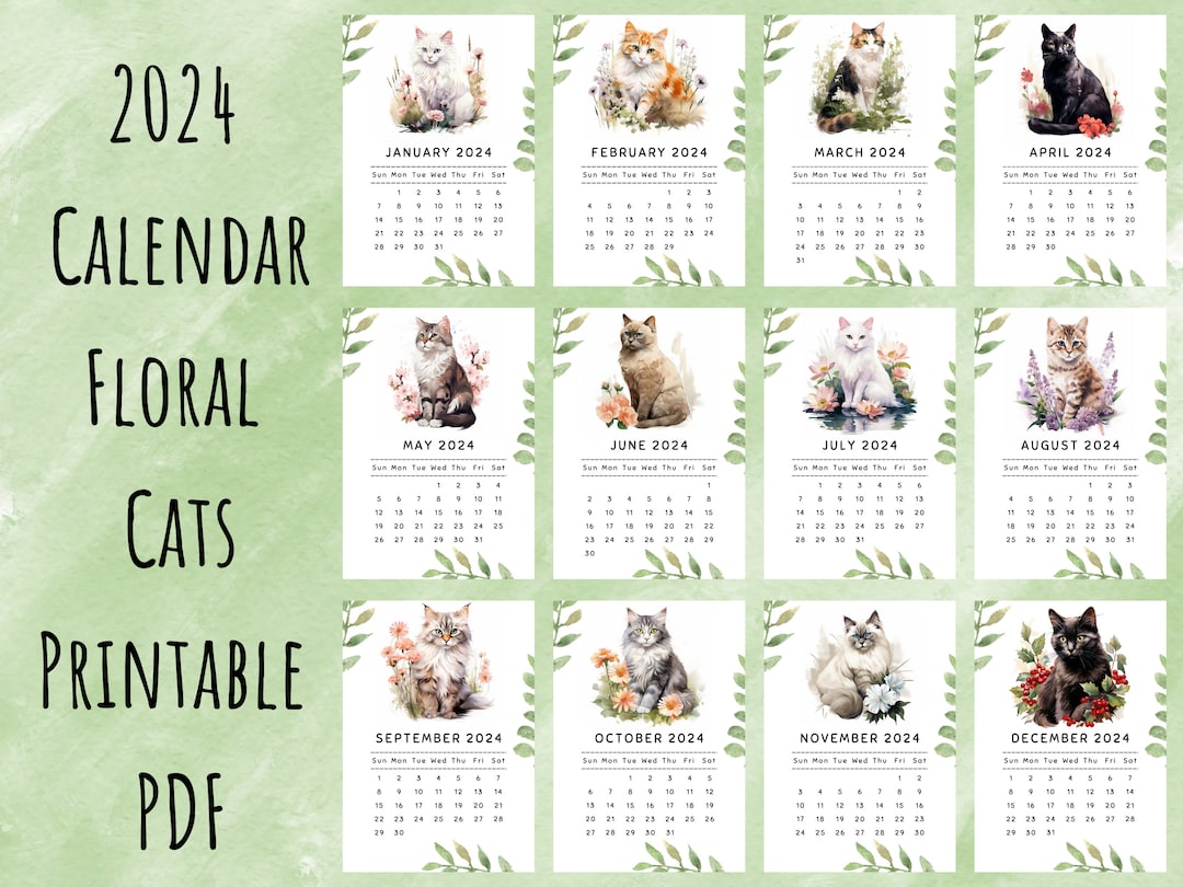 Watercolor Floral Cat Calendar - Etsy