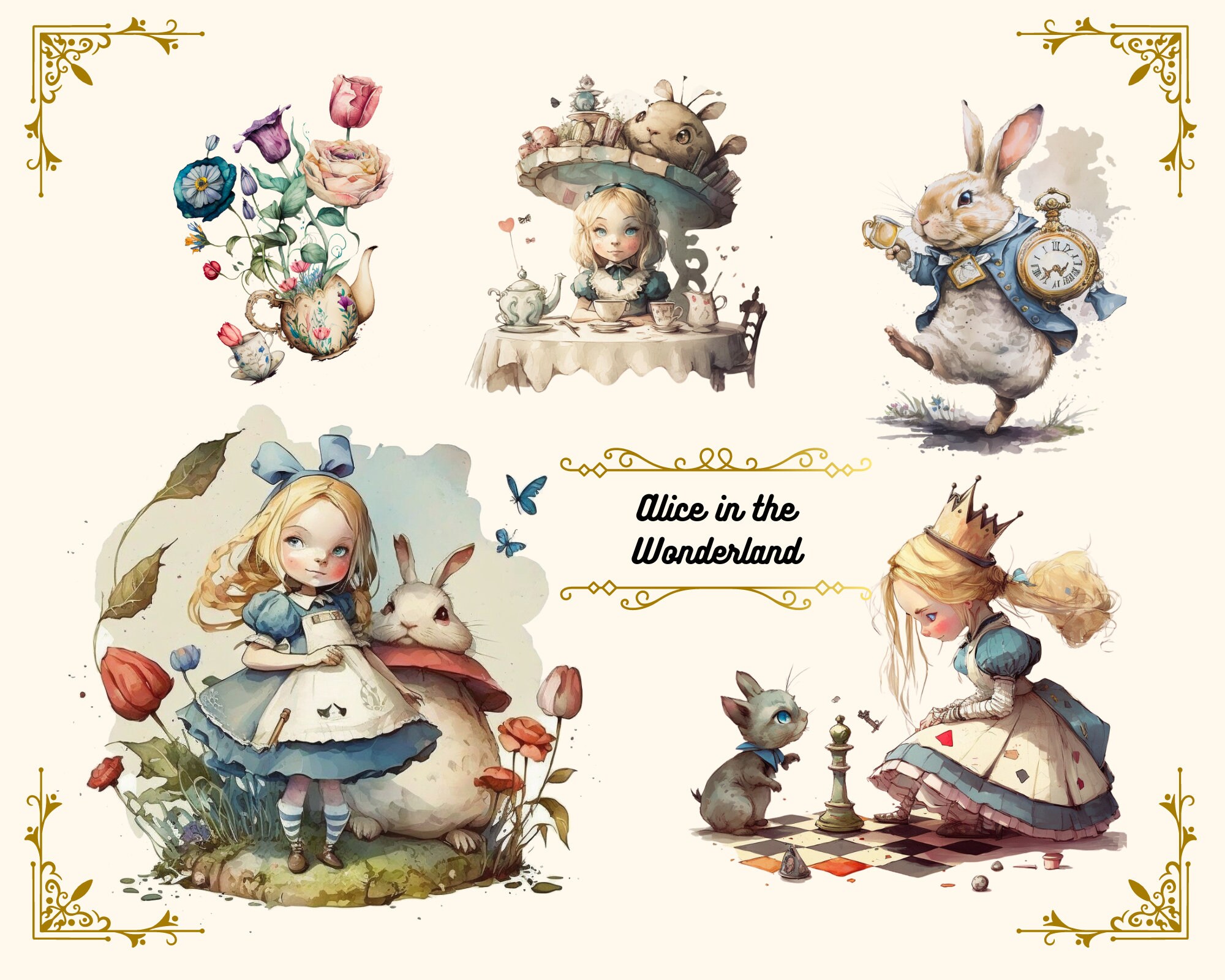 Alice in the Wonderland Clipart Water Color Illustrations Instant ...