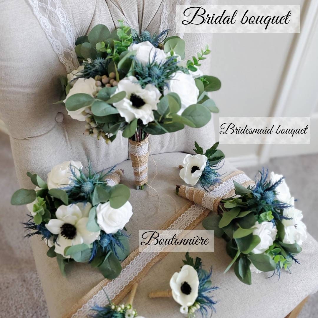 Jessica Bridal Bouquet, Blue Thistles, Roses, Anemones, Ivory, Elegant ...