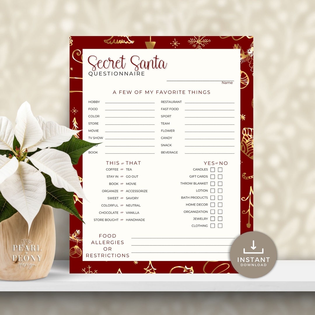 PRINTABLE Secret Santa Questionnaire for Co-workers, Work Gift Exchange ...