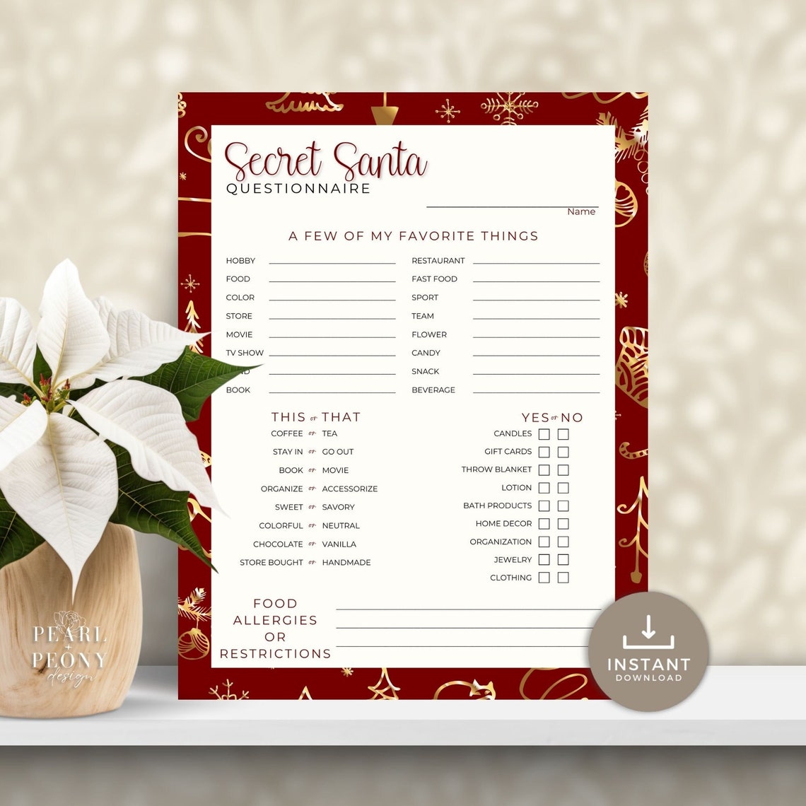PRINTABLE Secret Santa Questionnaire for Co-workers Work Gift - Etsy