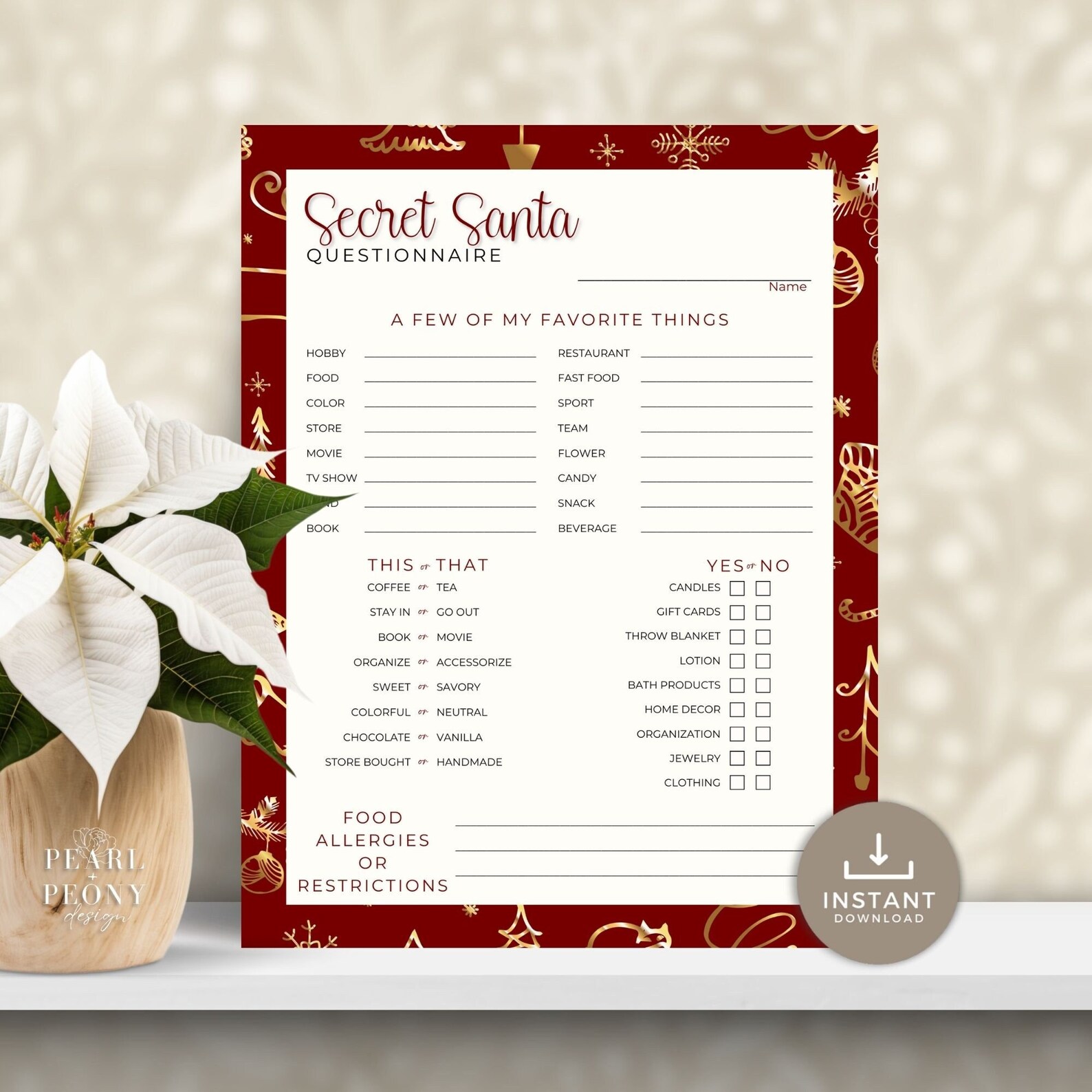 PRINTABLE Secret Santa Questionnaire for Co-workers Work Gift - Etsy