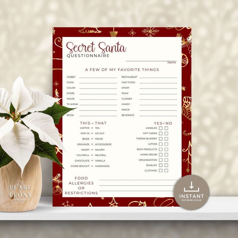 PRINTABLE Secret Santa Questionnaire for Co-workers Work Gift - Etsy