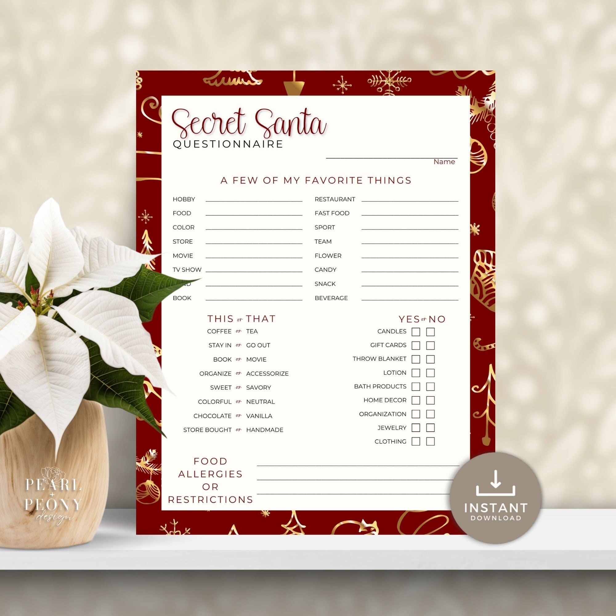 PRINTABLE Secret Santa Questionnaire for Co-workers Work Gift - Etsy