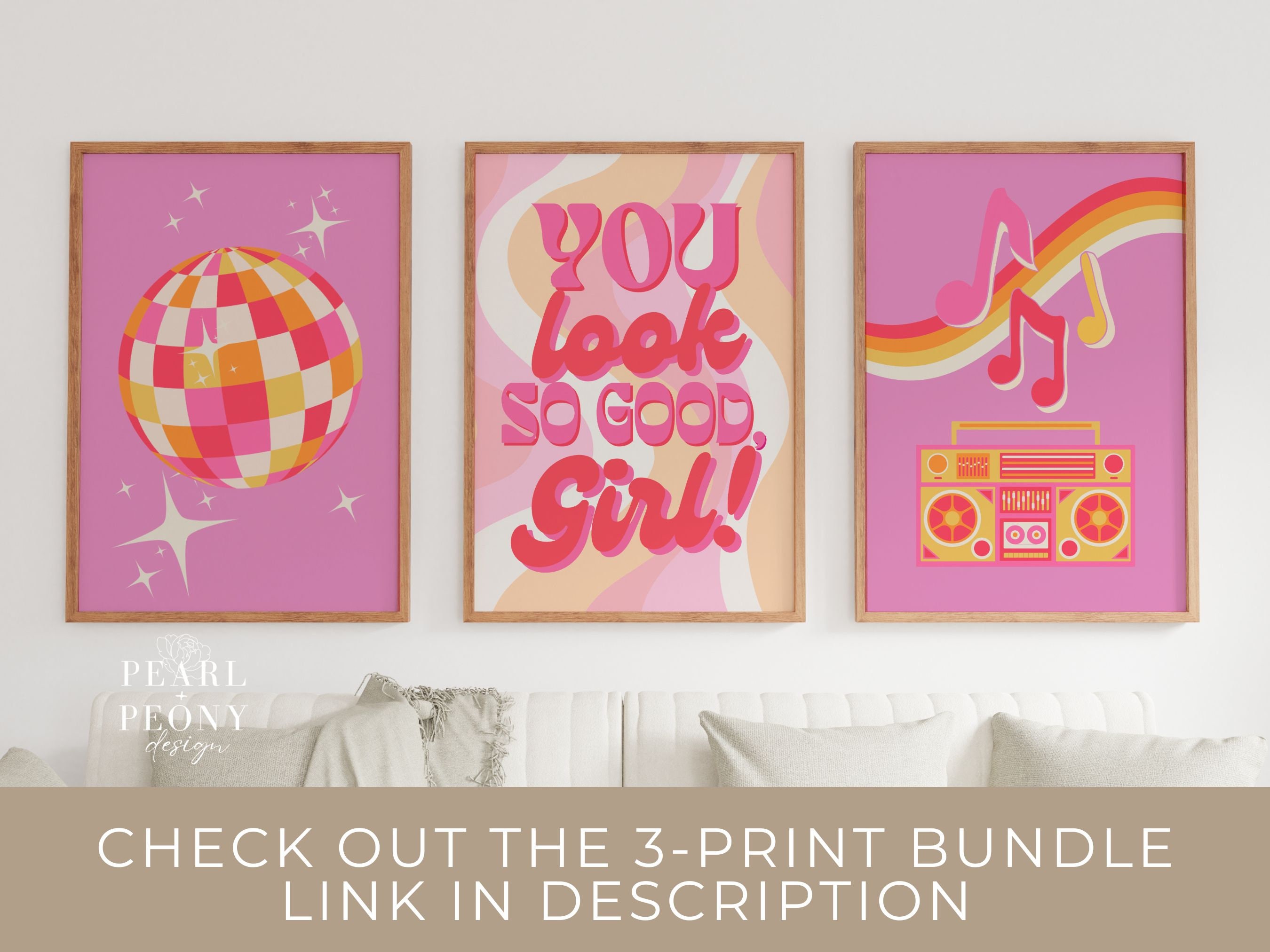 PRINTABLE Pink Preppy Retro Disco Ball Wall Art, Maximalist Wall Decor ...