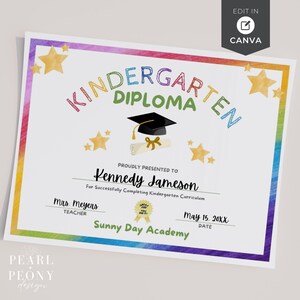 EDITABLE Kindergarten Graduation Diploma Canva Template, Printable ...