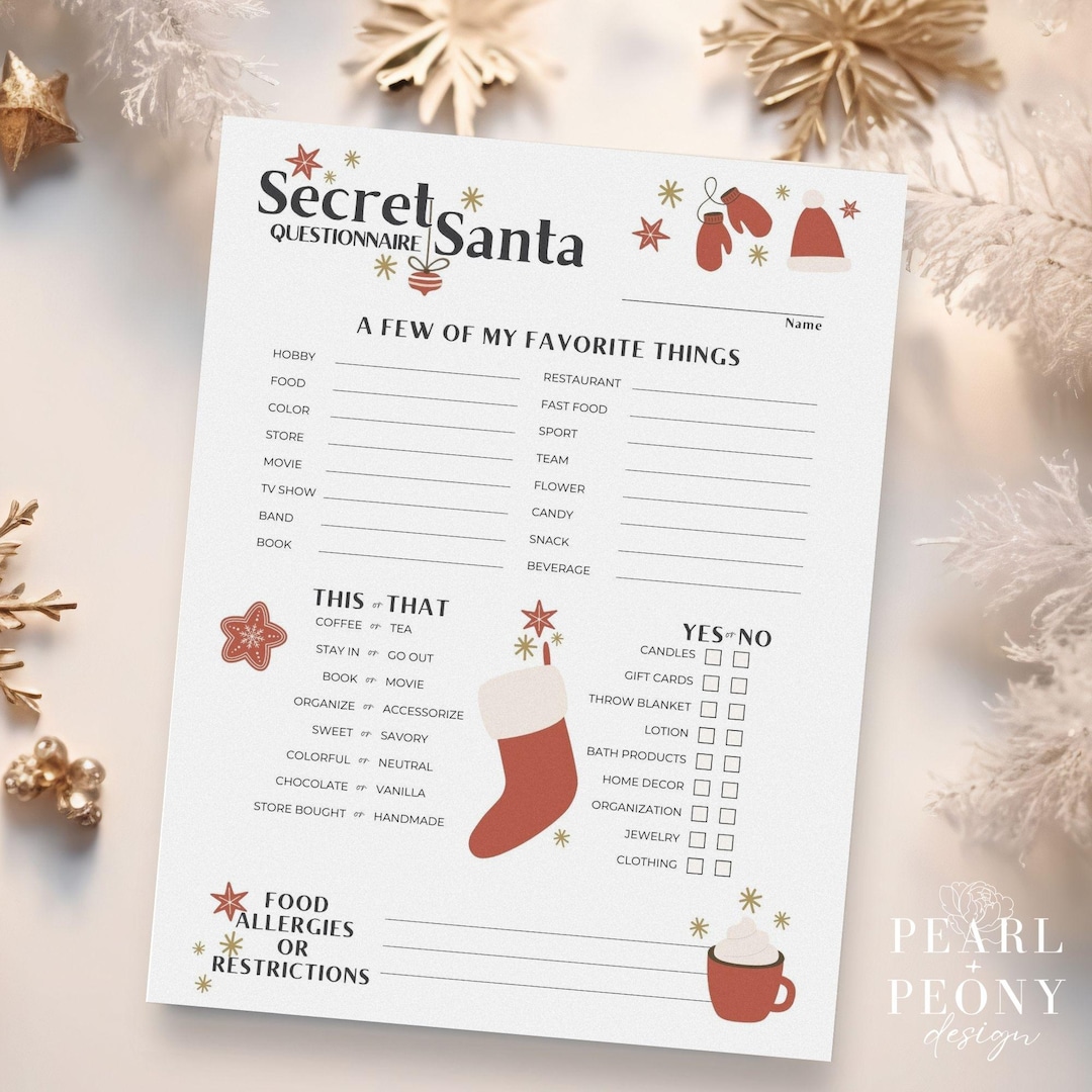 PRINTABLE Secret Santa Questionnaire for Co-workers, Work Gift Exchange ...