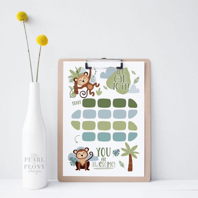 PRINTABLE Cute Monkey Reward Chart, Kids Chore Chart, Routine Sticker ...