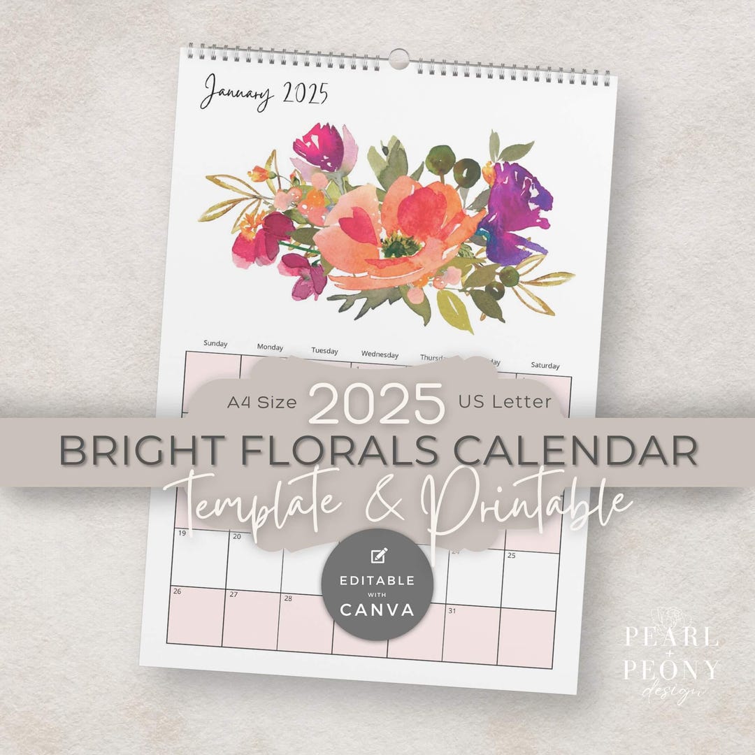 2025 Calendar Printable Editable Floral, DIY Holiday Gift, Portrait ...