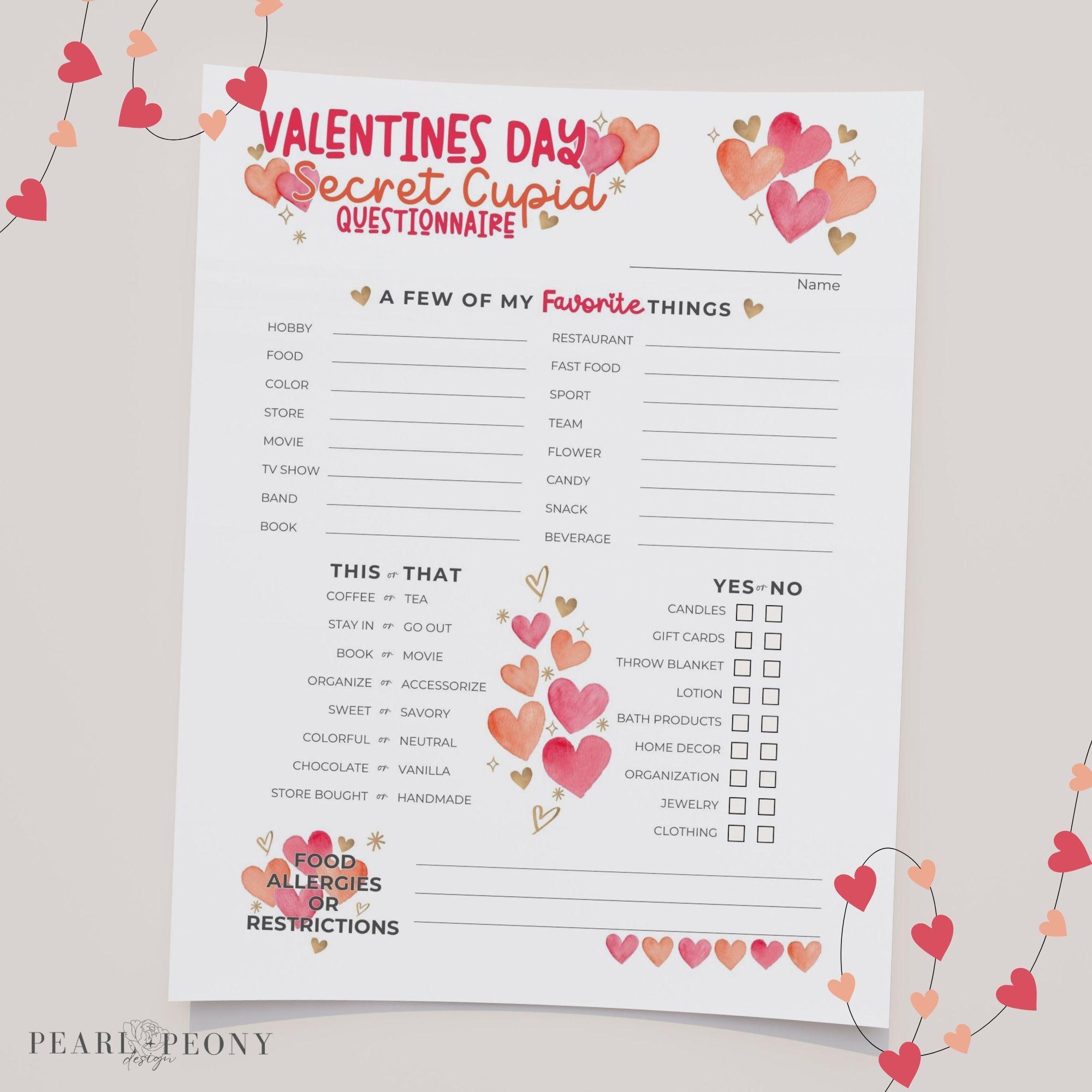 PRINTABLE Valentines Day Secret Cupid Questionnaire for Co-workers ...