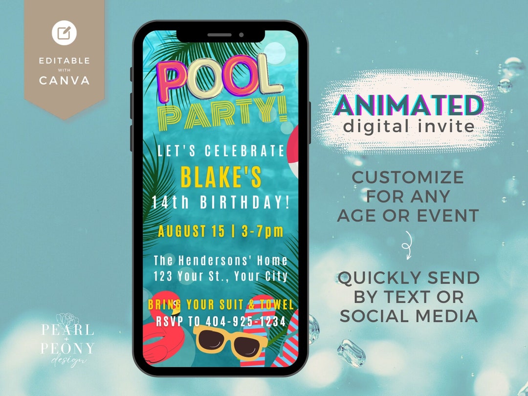 ANIMATED Pool Party Invitation Template, Text Swim Party Invite, Pool ...