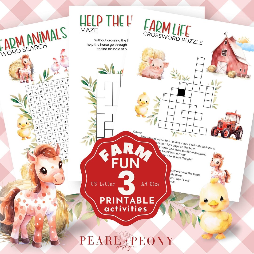 PRINTABLE Farm Animal Activity Pack for Kids, Crossword Puzzle, Word ...