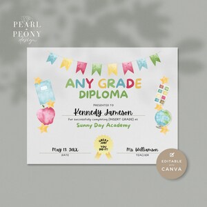 EDITABLE Graduation Diploma Template for Any Grade, Printable Custom ...