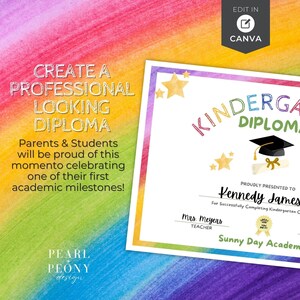 EDITABLE Kindergarten Graduation Diploma Canva Template, Printable ...