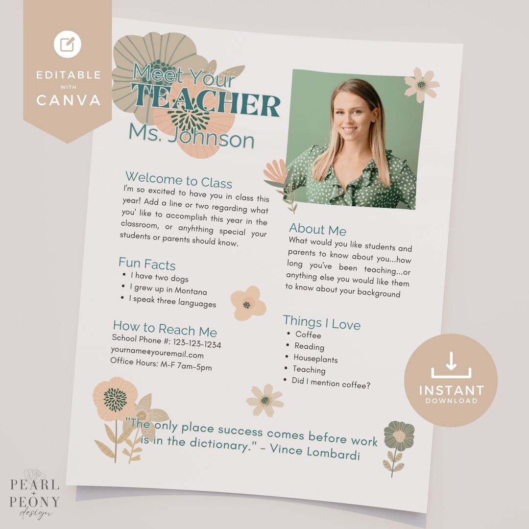 EDITABLE Meet the Teacher Template Boho Floral, Printable or Digital ...
