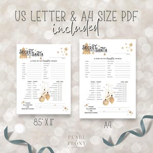 PRINTABLE Secret Santa Questionnaire for Co-workers, Work Gift Exchange ...