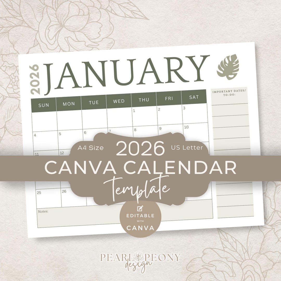 EDITABLE 2026 Simple Calendar Canva Template, Boho Houseplant Sage ...