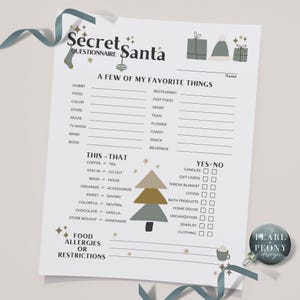 PRINTABLE Secret Santa Questionnaire for Co-workers, Work Gift Exchange ...