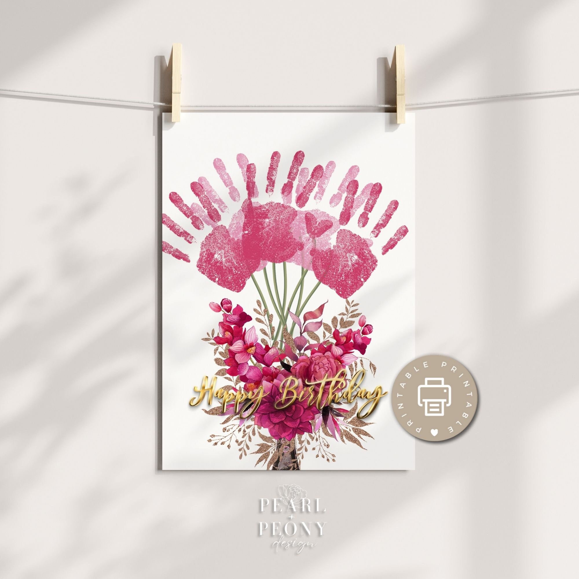 PRINTABLE Happy Birthday Handprint Art Craft, Pink Flower Handprint ...