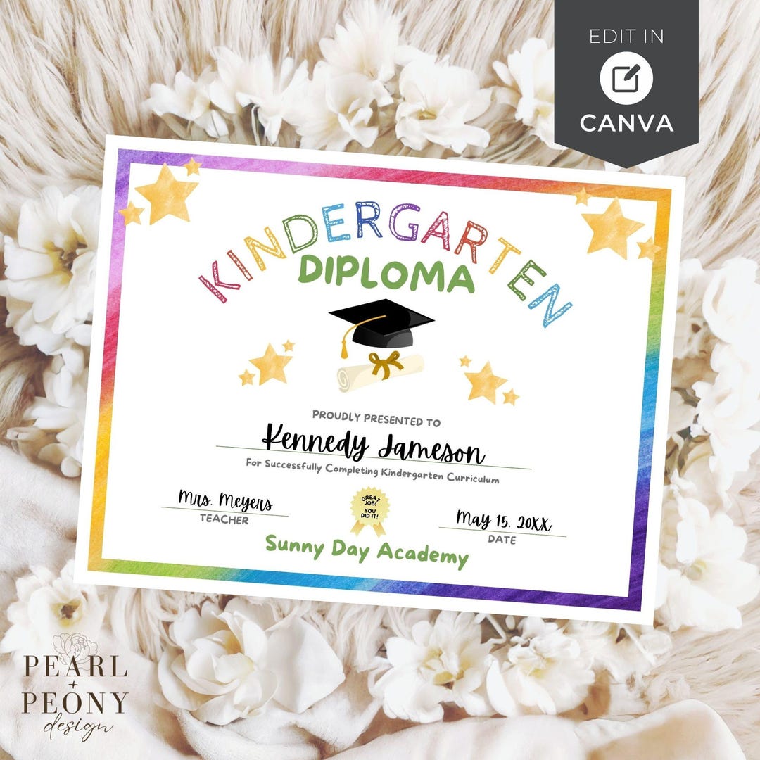 EDITABLE Kindergarten Graduation Diploma Canva Template, Printable ...