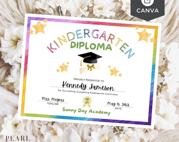 Editable Kindergarten Diploma Template, Graduation Diploma, Printable ...