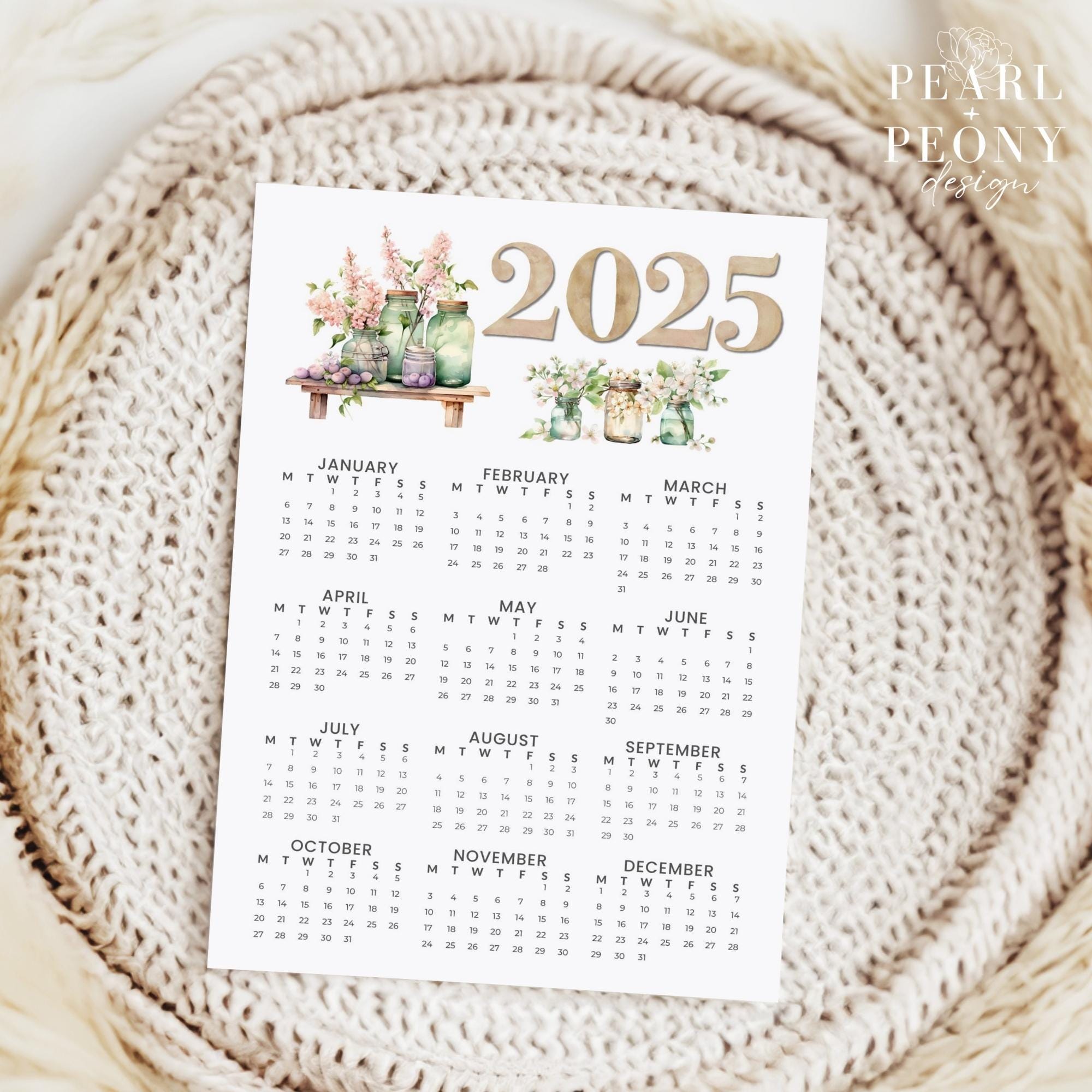 PRINTABLE 2025 Floral Mason Jars Calendar, Cottagecore Home Office ...