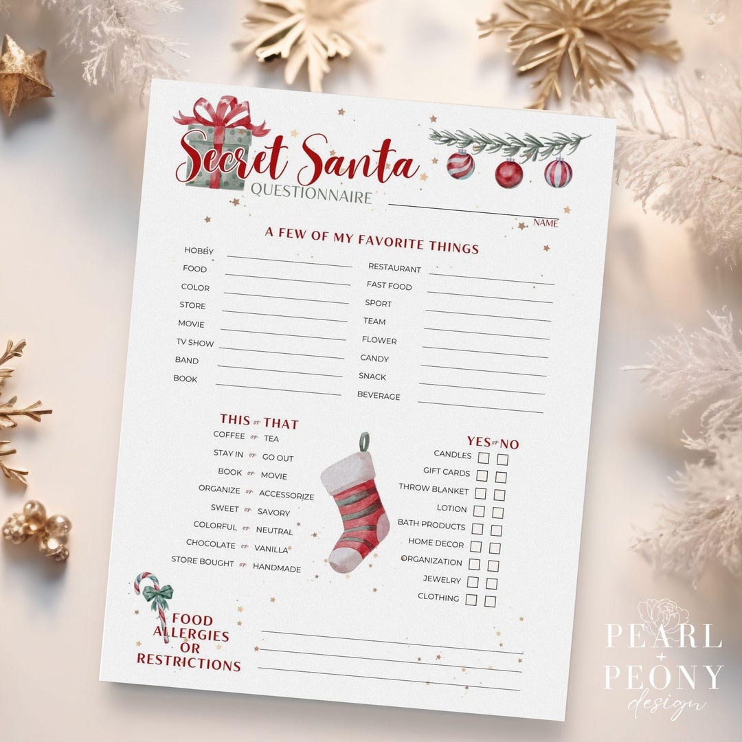 PRINTABLE Secret Santa Questionnaire for Co-workers, Work Gift Exchange ...