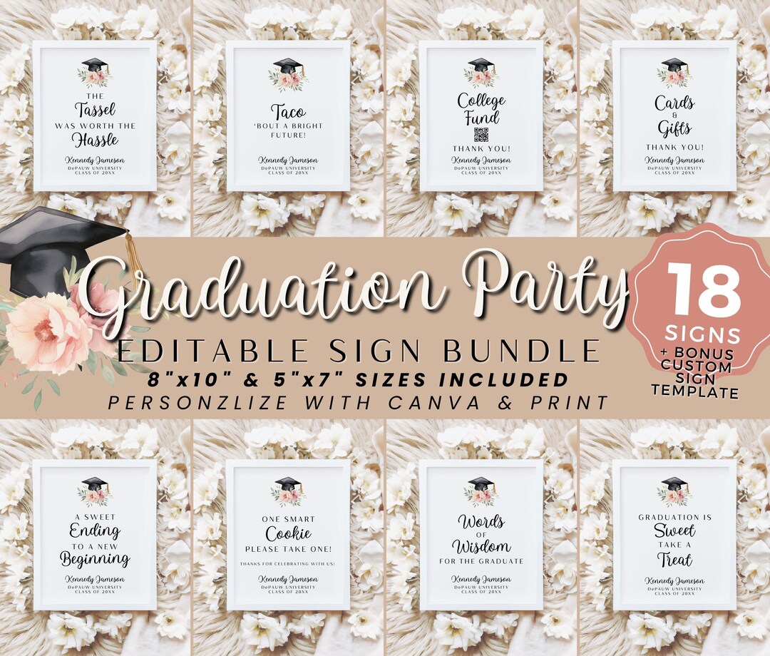 EDITABLE Graduation Party Signs Template Bundle, Feminine Peach Floral ...