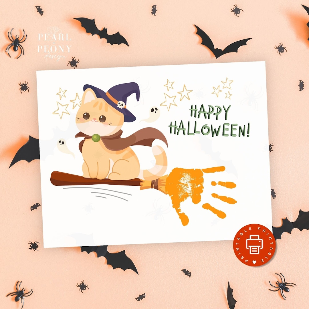 PRINTABLE Halloween Handprint Art, Witch Kitty Happy Halloween Craft ...