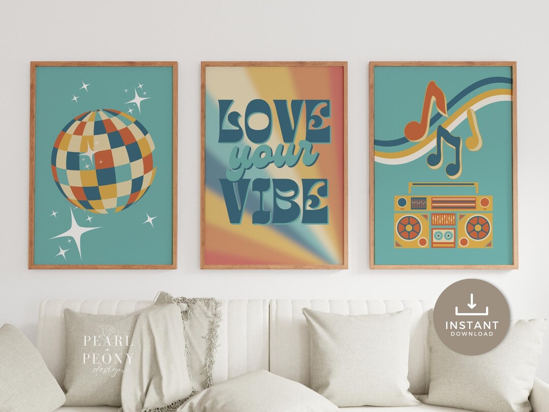 PRINTABLE Teal Preppy Retro Disco Ball Wall Art, Maximalist Wall Decor ...