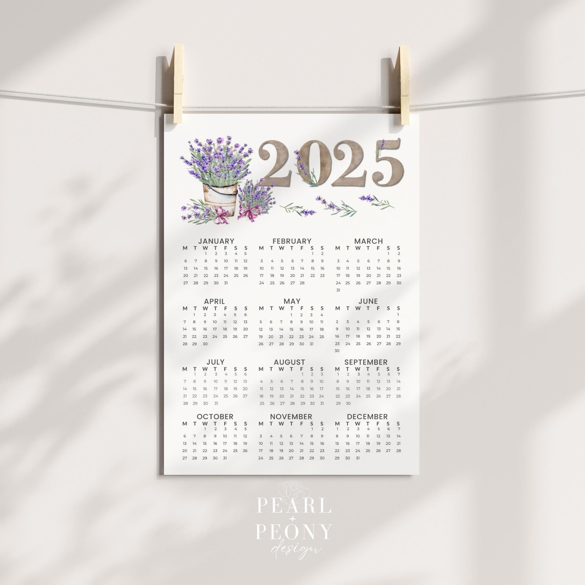 PRINTABLE 2025 Watercolor Lavender Calendar, Cottagecore Home Office ...