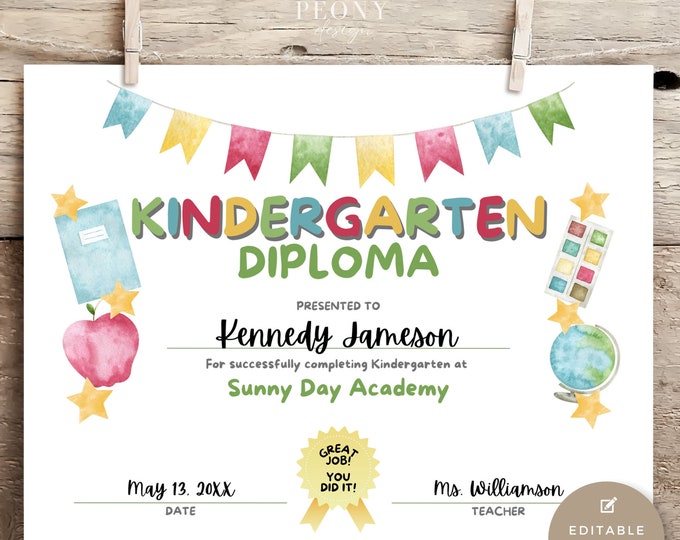 Editable Kindergarten Diploma Template, Graduation Diploma, Printable ...