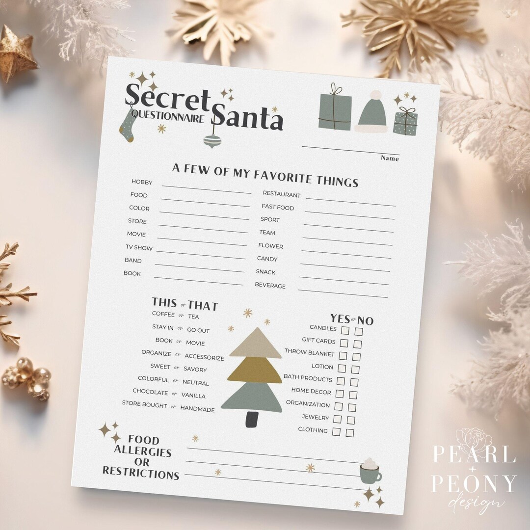 PRINTABLE Secret Santa Questionnaire for Co-workers, Work Gift Exchange ...