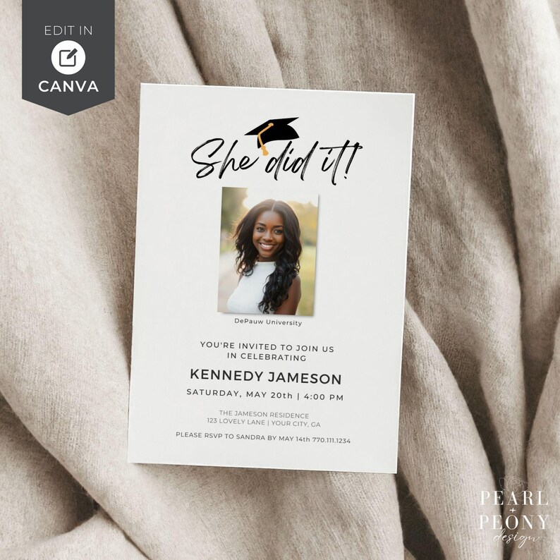 EDITABLE Graduation Party Invitation TEMPLATE, Photo Card Modern Hand ...