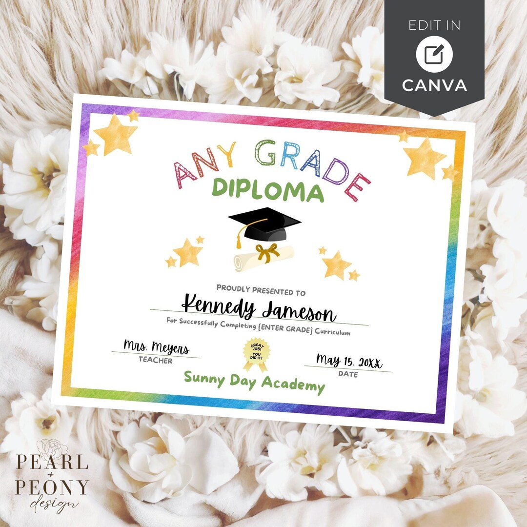 EDITABLE Any Grade Graduation Diploma Canva Template, Printable Custom ...
