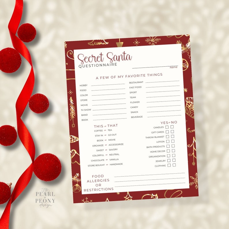 PRINTABLE Secret Santa Questionnaire for Co-workers Work Gift - Etsy
