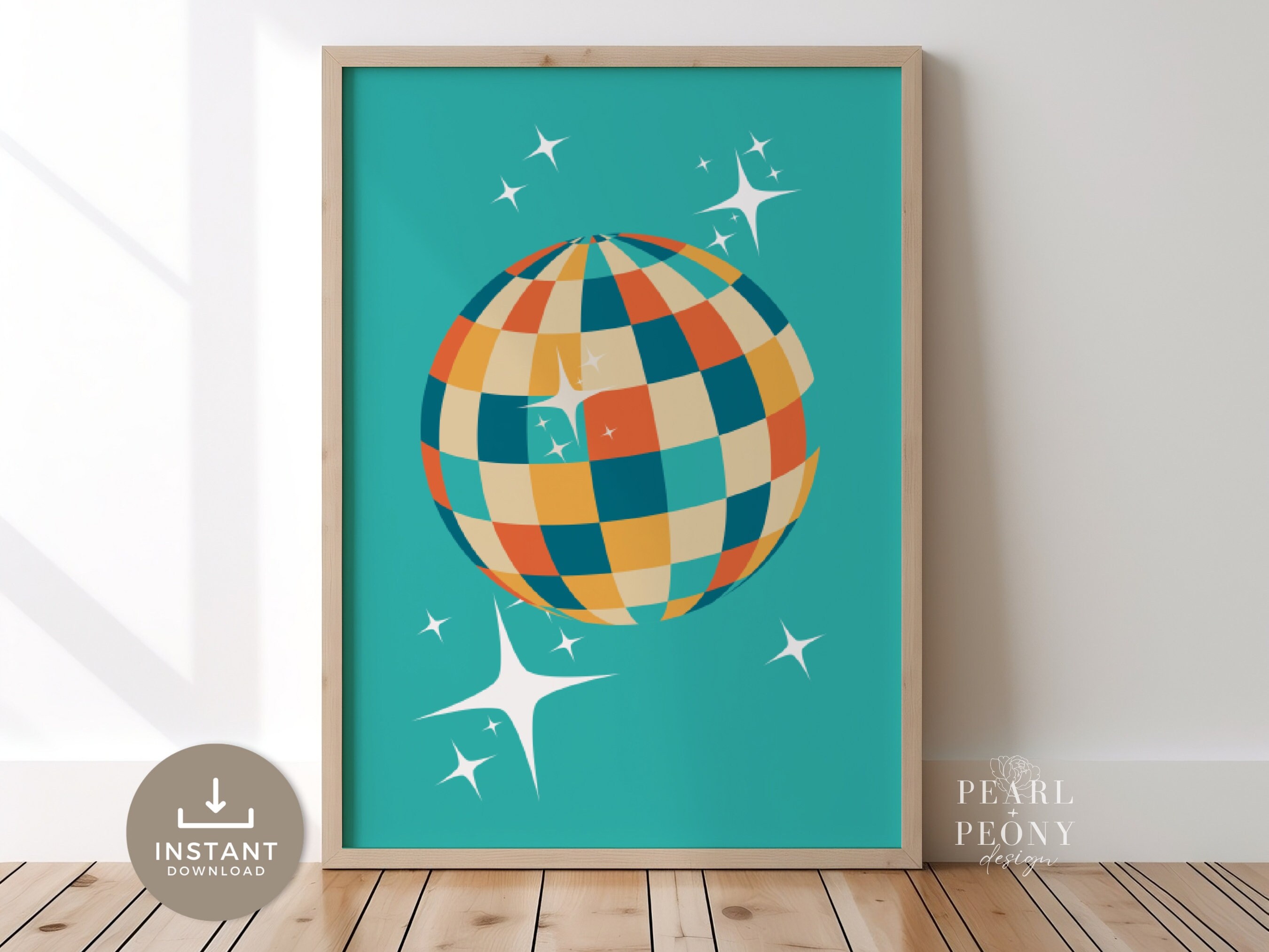 PRINTABLE Teal Preppy Retro Disco Ball Wall Art, Maximalist Wall Decor ...